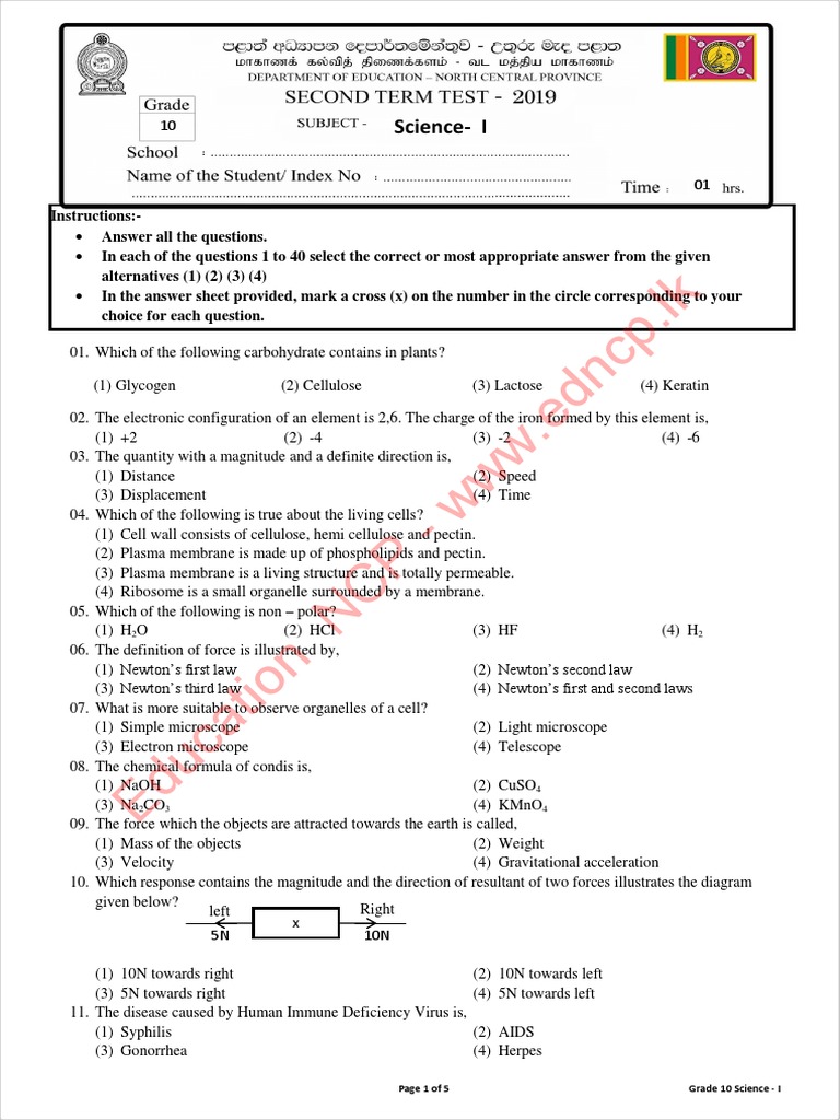 Grade 10 Science 2nd Term Test Paper 2019 English Medium North Central ...