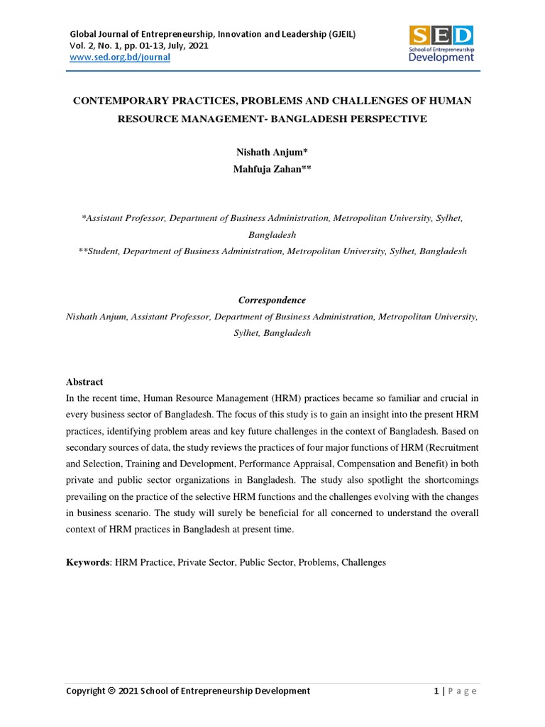 Contemporary Practices Problems and Challenges of Human Resource Management Bangladesh ...