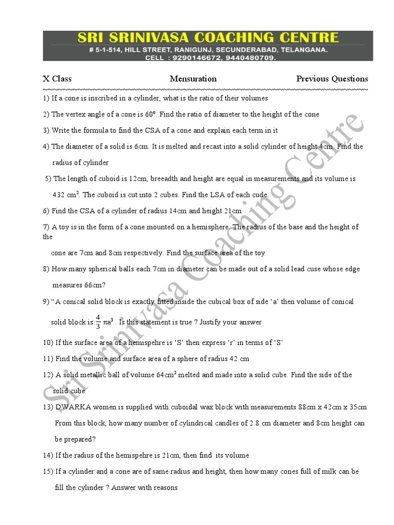 Class 10 Mensuration Practice Questions | PDF | Sphere | Volume