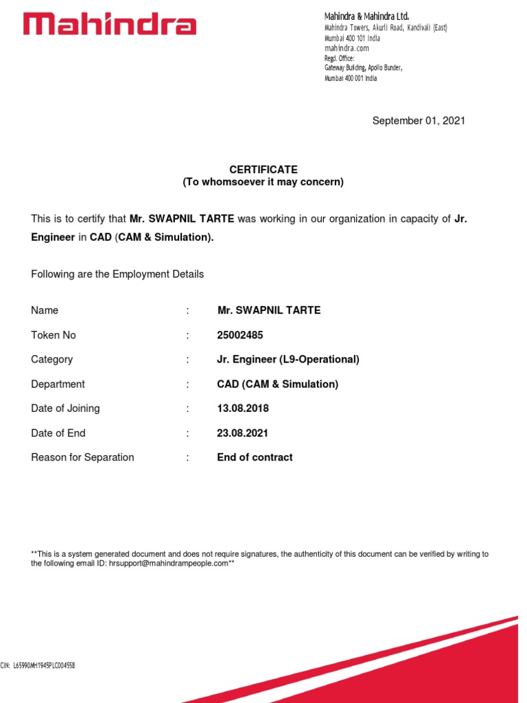 Experiance Latter Mahindra &mahindra | PDF | Security Engineering ...