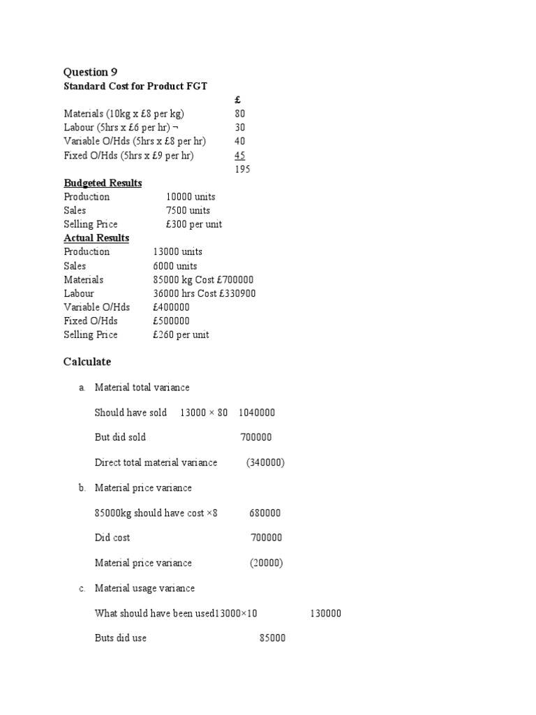 Question 9 Variance Analysis | PDF | Variance | Business Economics