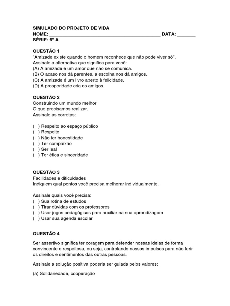 Simulado de Projeto de Vida - 6º Ano | PDF | Aprendizado | Amizade