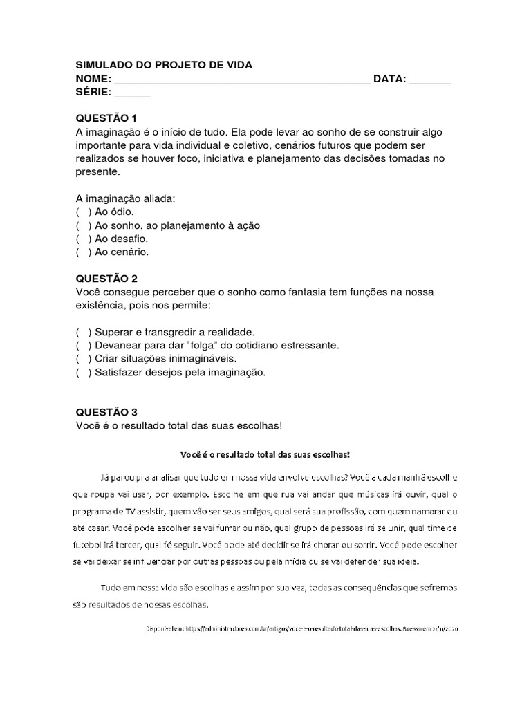 7 Ano SIMULADO DO PROJETO DE VIDA | PDF