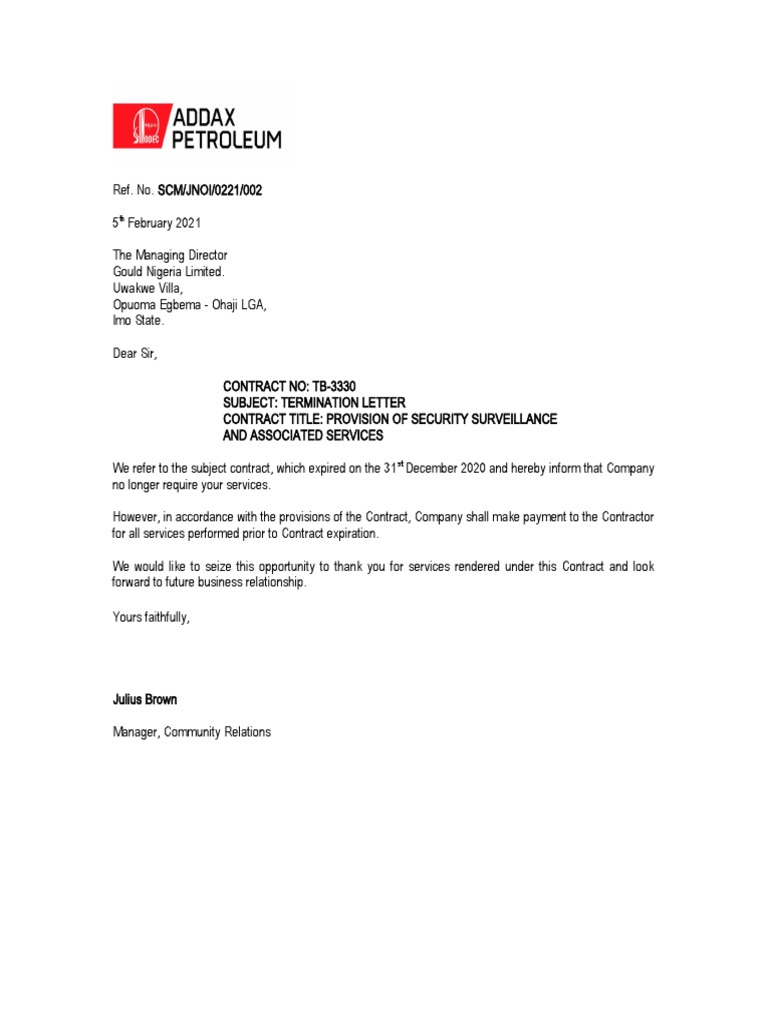 Security Contract Termination Notice | PDF | Business | Finance & Money ...