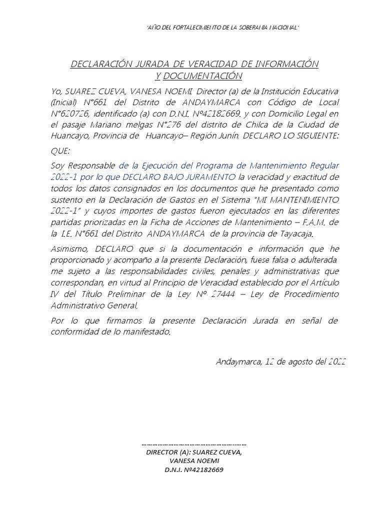 Modelo Decl. Jurada de Veracidad - Mayo 2022 | PDF | Finanzas y dinero | Ciencias sociales