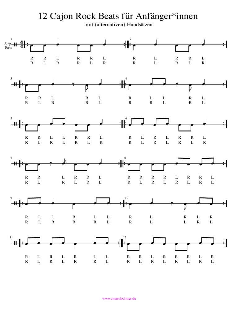 12 Beginner Cajon Rock Beats | PDF | Musical Instruments | Music Technology