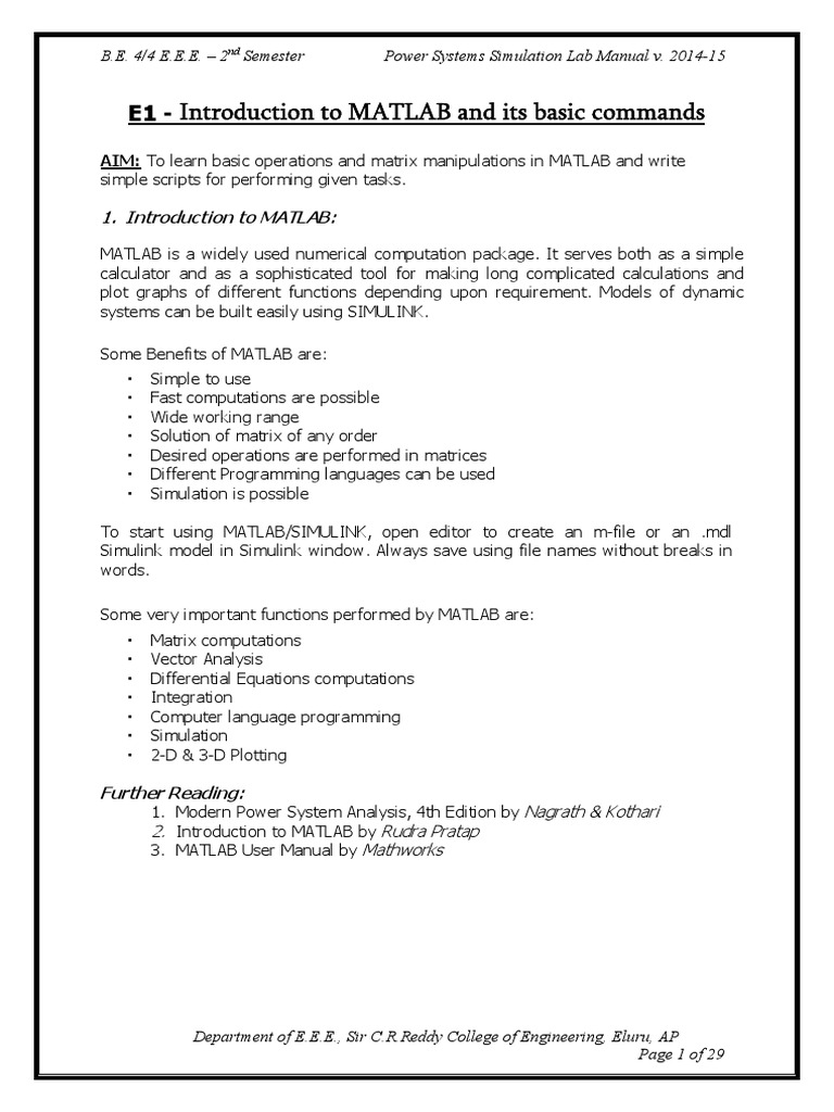 Experiment-Introduction To MATLAB and Its Basic Commands | PDF