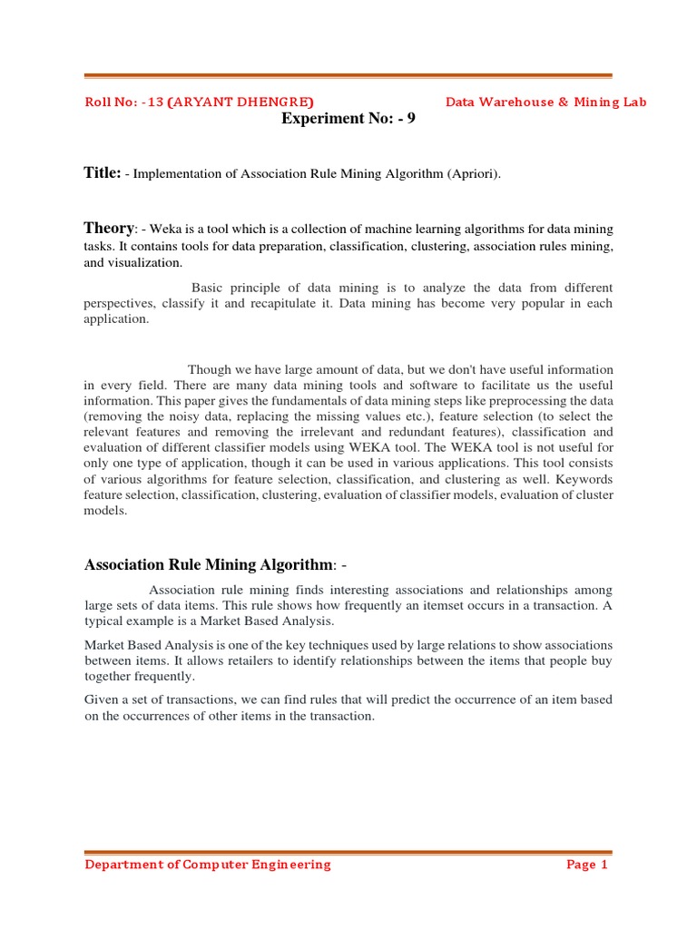 Ex 9 DWM Aryant | PDF | Statistical Classification | Applied Mathematics