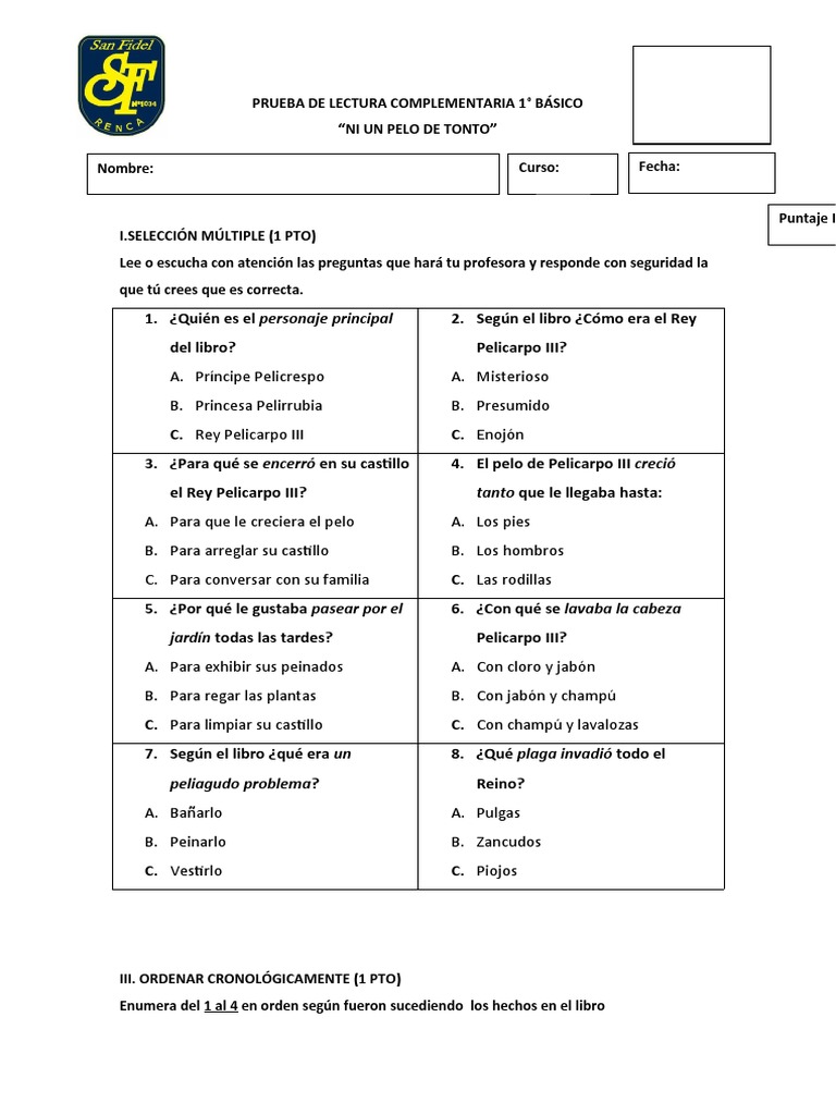 Prueba de Lectura Complementaria 1 Ni Un Pelo de Tonto Pauta | PDF