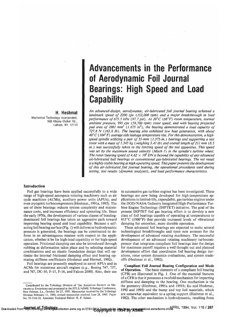 Advancements in The Performance of Aerodynamic Foil Journal Bearings High Speed and Load ...