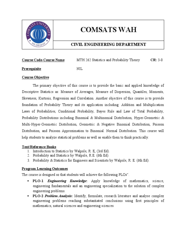 Course Lay Out (Stat & Prob) For CLO-PLO | PDF | Probability ...