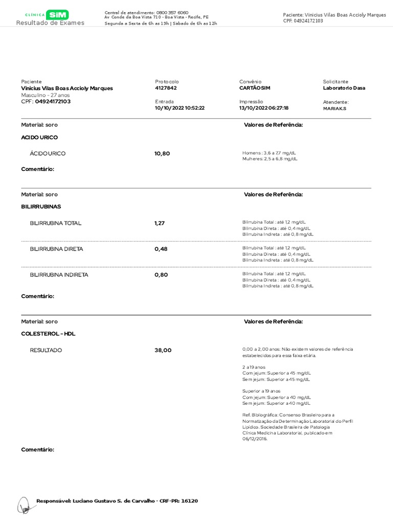Masculino - 27 Anos: Resultado de Exames | PDF | Biofísica Molecular | Compostos orgânicos