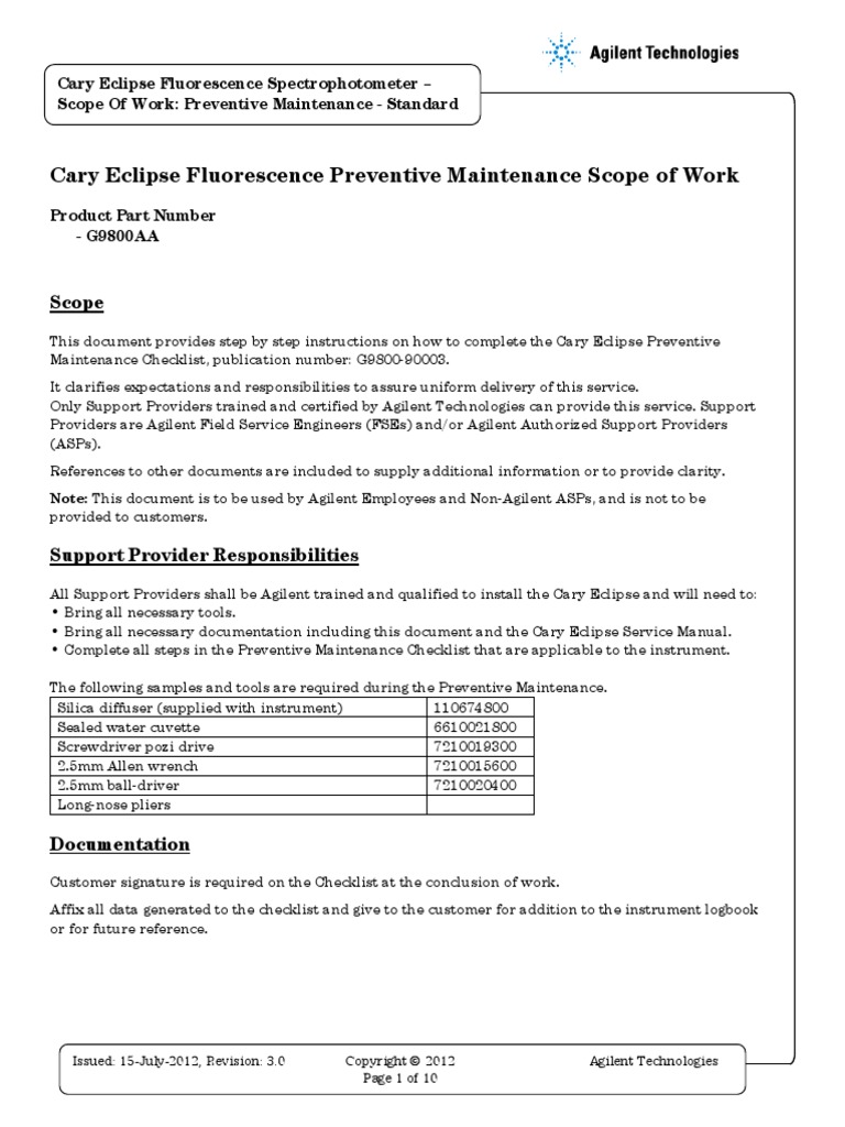 Cary Eclipse Fluorescence Preventive Maintenance Scope of Work | PDF ...