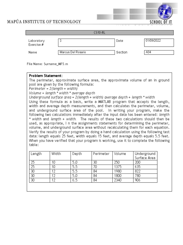 Problem Statement:: CS10-8L Laboratory Exercise # 3 Date Name Section ...