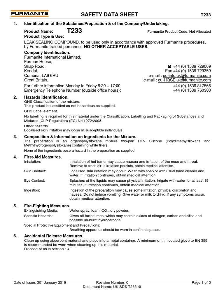 Furmanite T233 300115 | PDF | Safety | Chemical Substances
