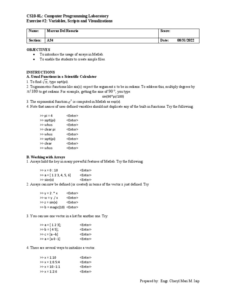 Cs10 8l Computer Programming Laboratory Exercise 2 Variables Scripts And Visualizations 9636