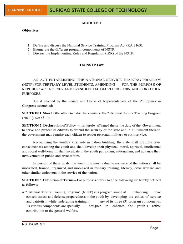 NSTP Module 1 | PDF | Reserve Officers' Training Corps | Vocational ...