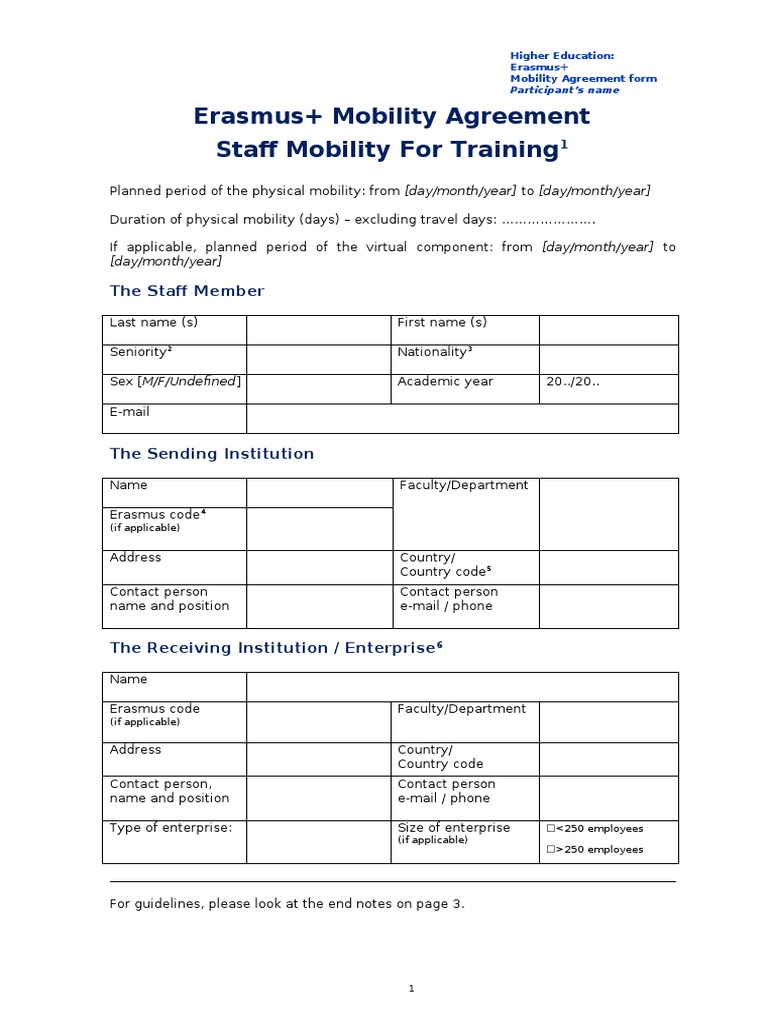 Erasmus+ Staff Mobility Agreement Form | PDF | Identity Document