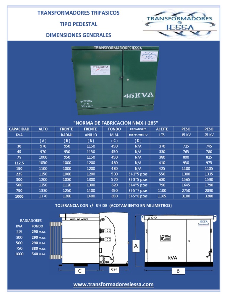 Transformador 500 KVA TRANSFORMADORES IESSA - FICHA TECNICA PEDESTAL TRIFASICO NORMA NMX-J-285 ...