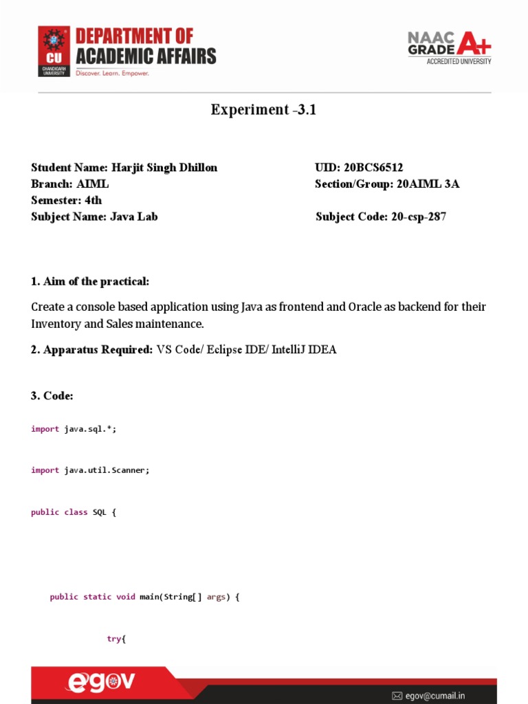 Java - Experiment 3.1 Worksheet - 20BCS6512 | PDF