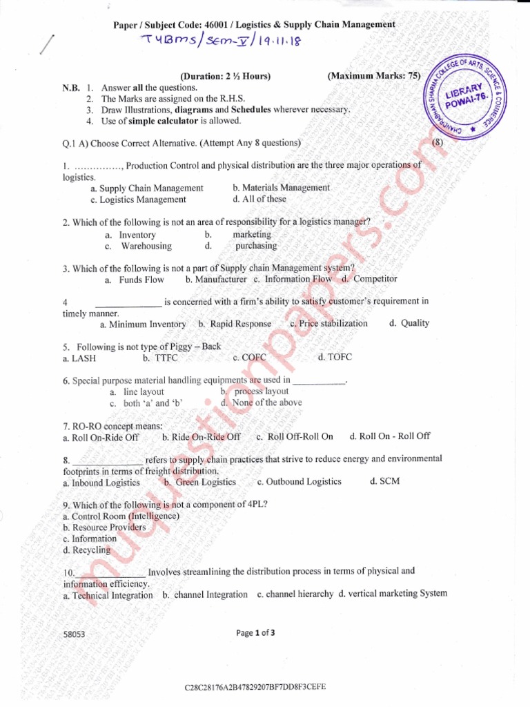 Tybms Sem5 LSCM Nov18 | PDF | Logistics | Supply Chain Management