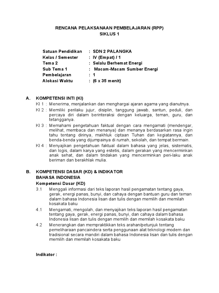2 RPP SD Kelas 4 Semester 1 Selalu Berhemat Energi | PDF