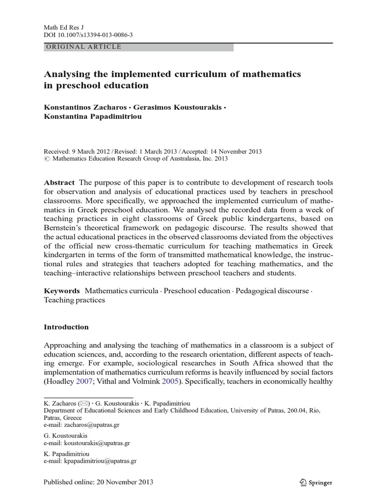 Zacharos2013 - Analising Implemented Curriculum in Preschool Clarroms | PDF | Curriculum ...