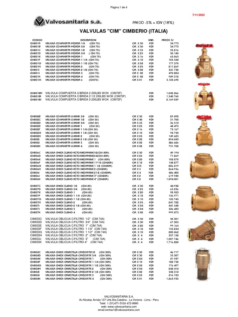 Valvulas "Cim" Cimberio (Italia) : PRECIO - 5% + IGV (18%) | PDF