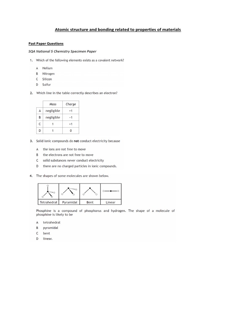 National 5 Unit 1 Atomic Structure and Bonding Related To Properties of Materials Past Paper ...