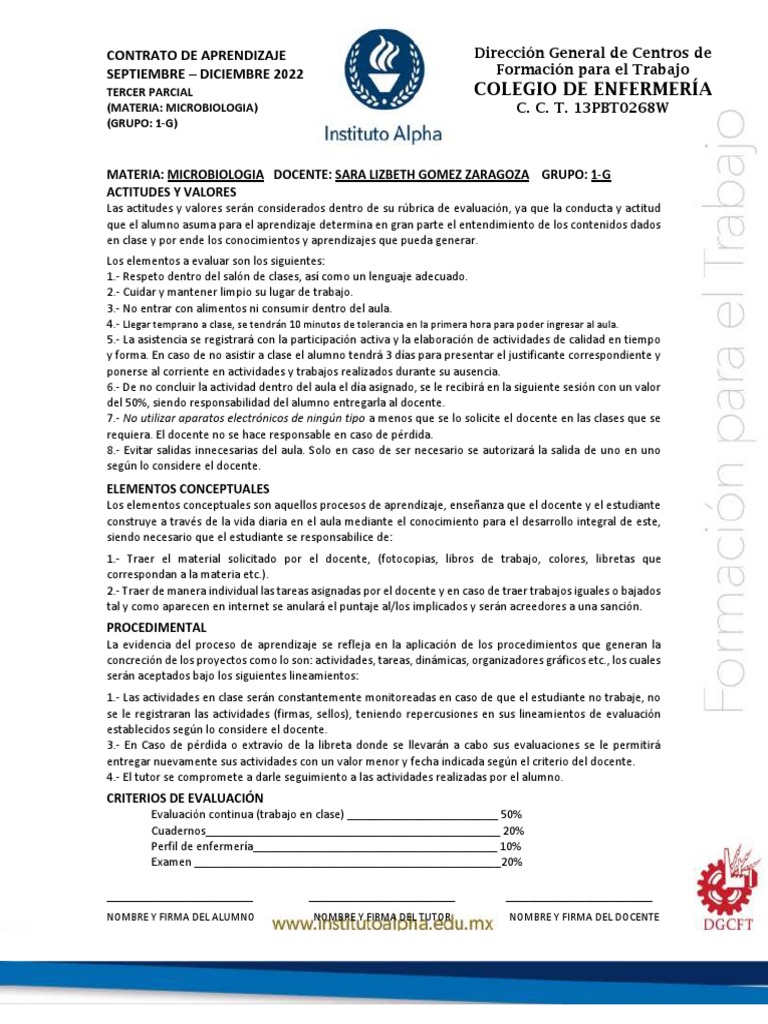 Contrato Enfermería 1-G Micro | PDF | Maestros | Evaluación