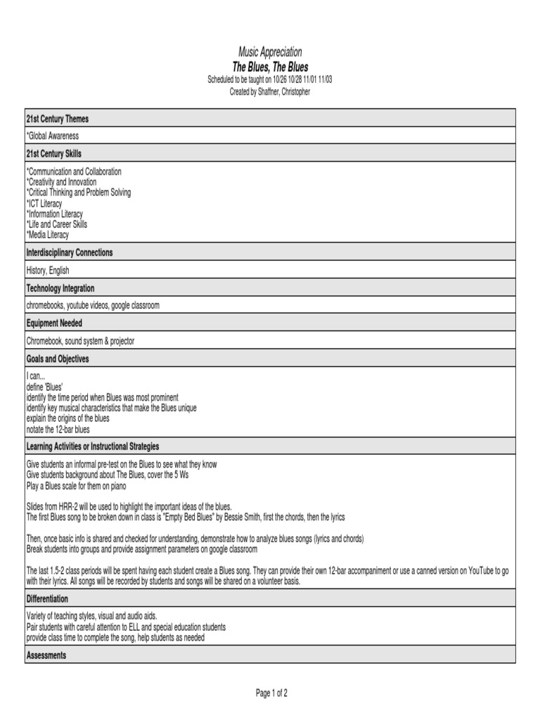 Blues Lesson Plan | PDF | Blues | Literacy