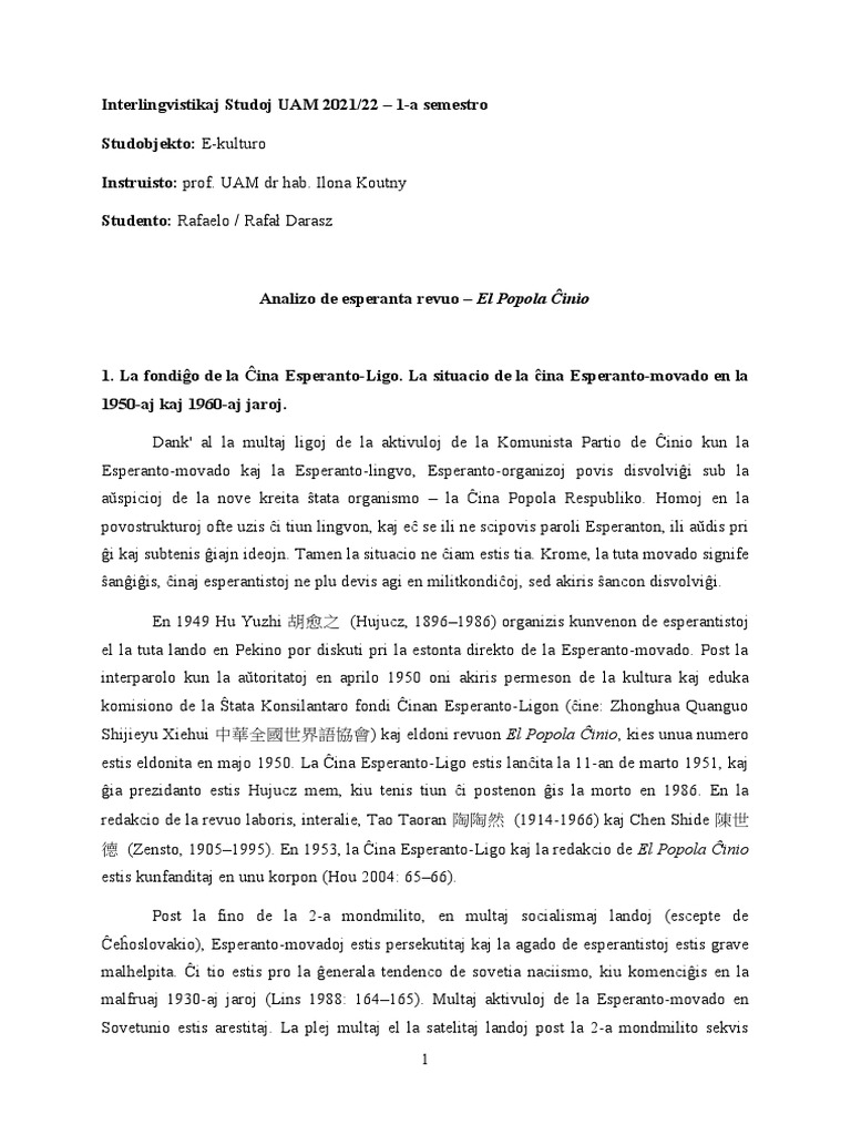E-KULT Rafał Darasz Analizo de Esperanta Revuo - El Popola Ĉinio | PDF