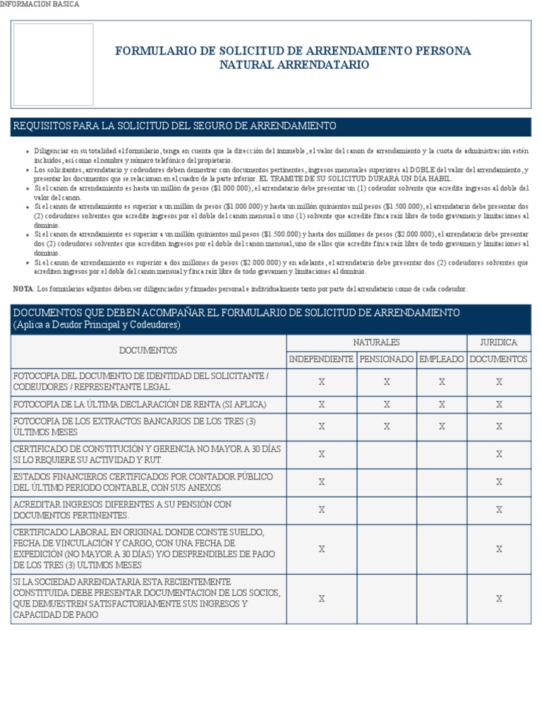 Formulario Solicitud Arrendatario - 2022-10-05T083415.427 | PDF | Póliza de seguros | Seguro