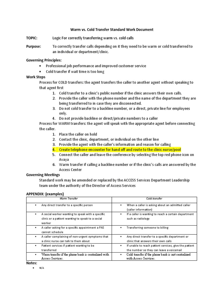 Standard Work Document Cold V Warm Wclinic Encounter 1 | PDF ...