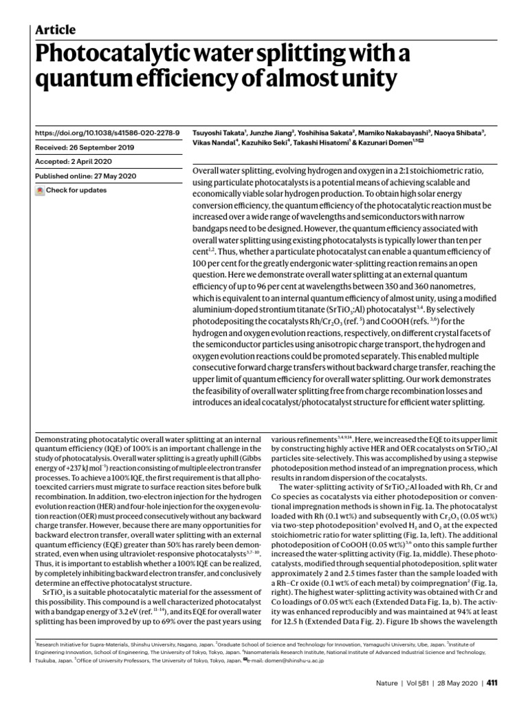 Photocatalytic Water Splitting With A Quantum Efficiency of Almost ...