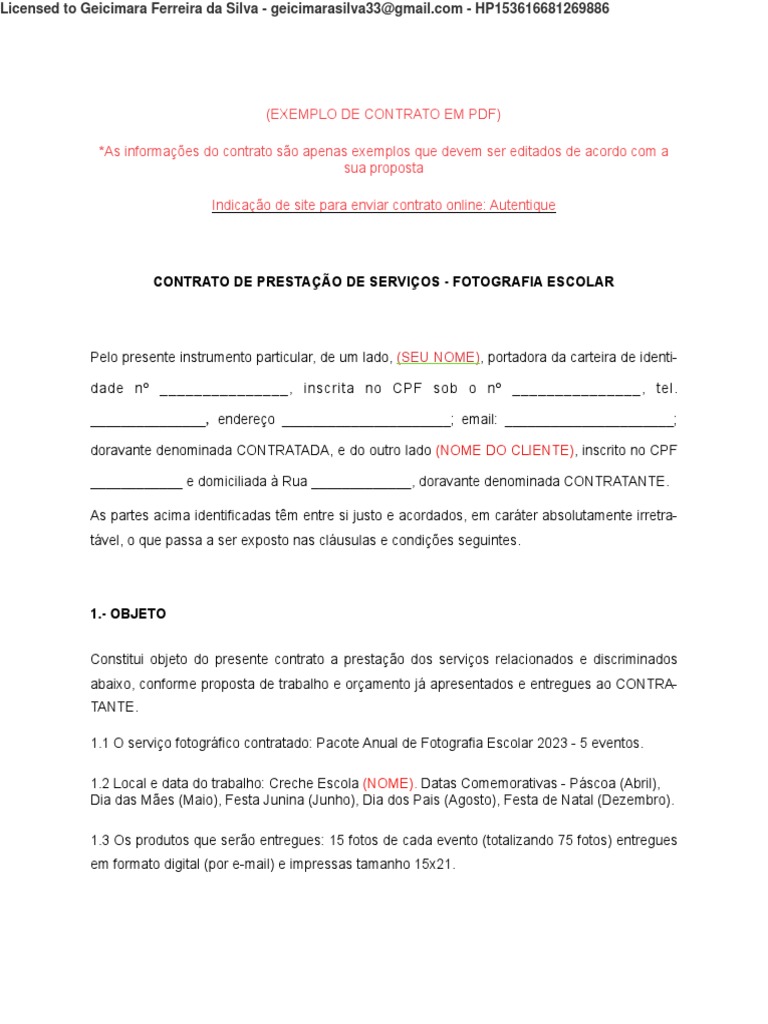 Contrato - EXEMPLO PDF | Download grátis PDF | Direitos Autorais