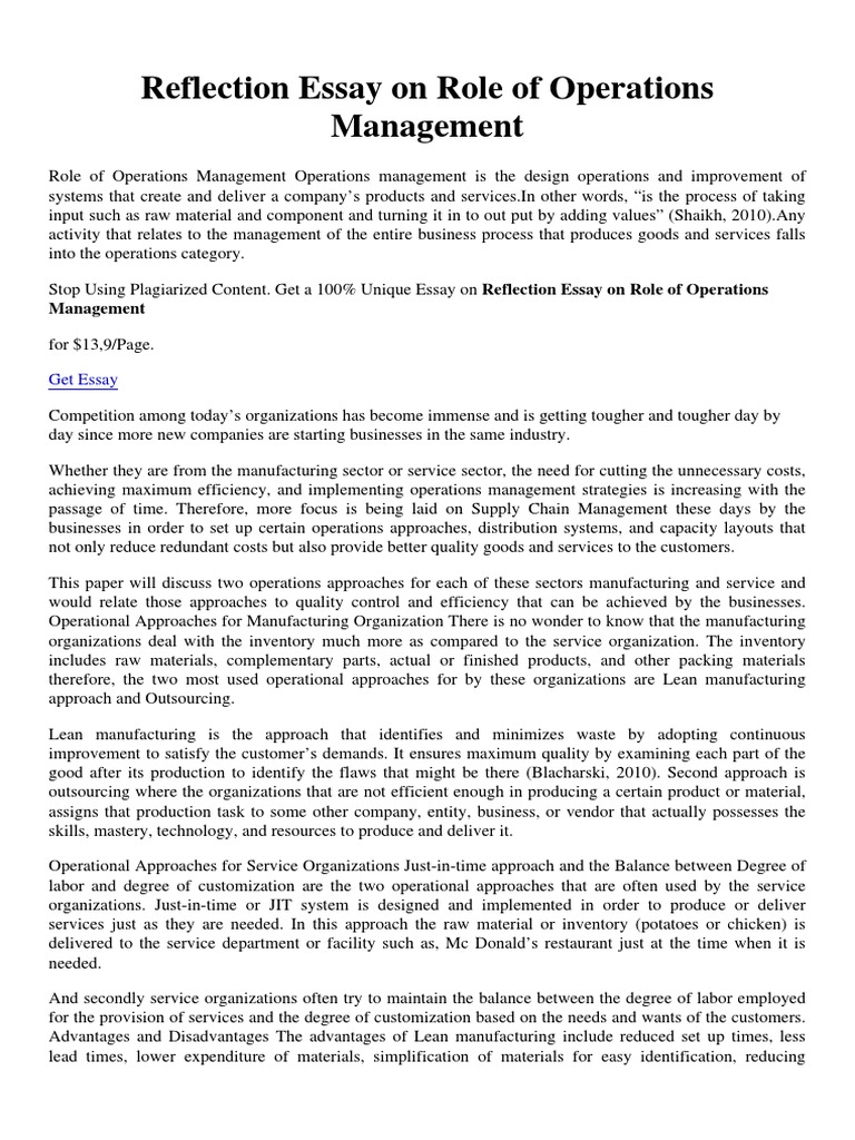 Reflection Essay On Role of Operations Management | PDF