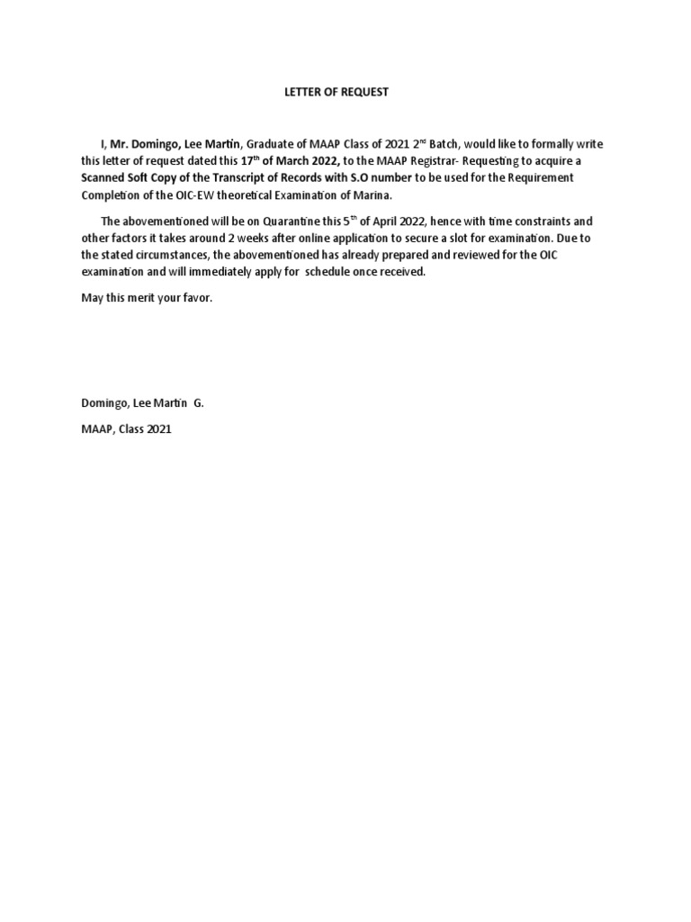 Letter of Request, Domingo Lee Martin G. | PDF