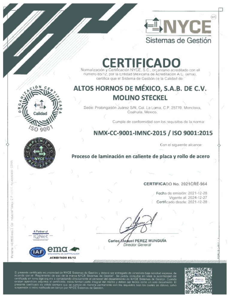 Certificado NYCE Molino Steckel - 9001 | PDF