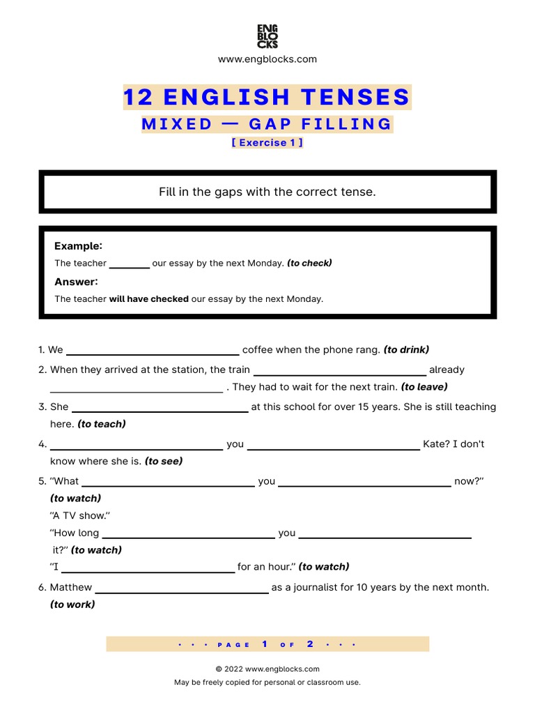 12 English Tenses Gap Filling Exercise 1 | PDF