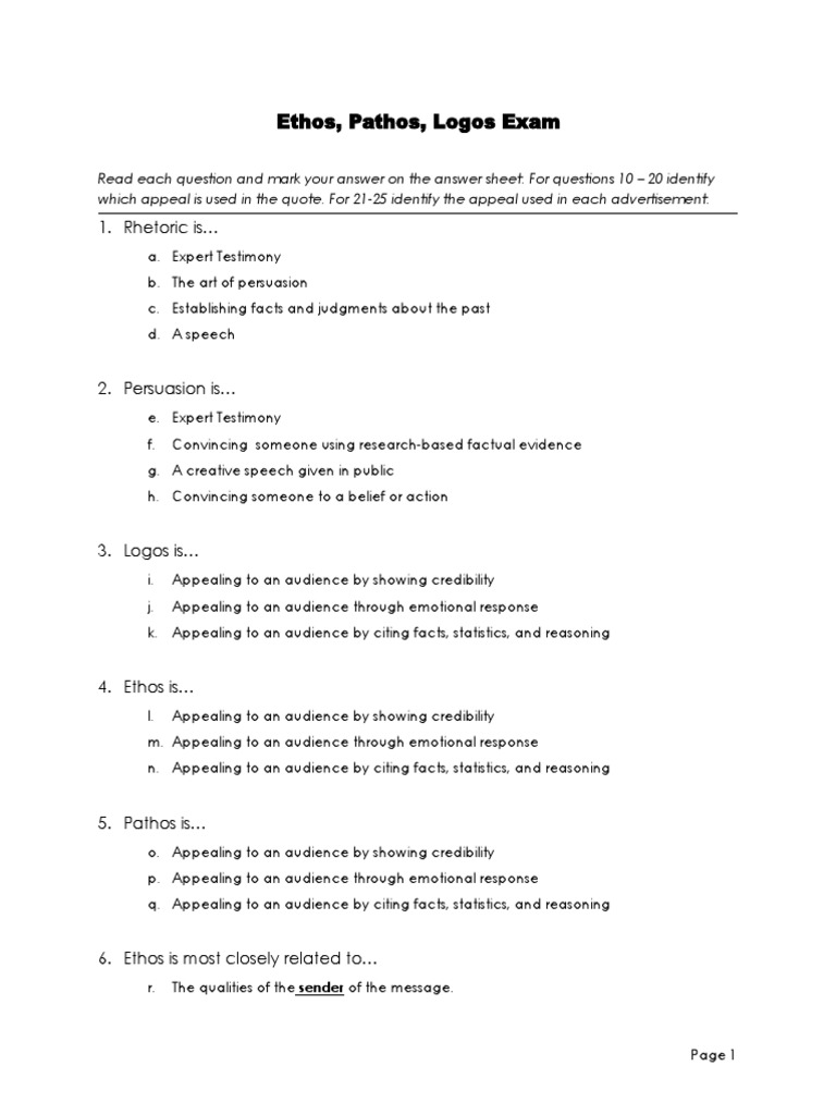 Ethos, Pathos, Logos Exam: 1. Rhetoric Is | PDF | Cognition | Western ...