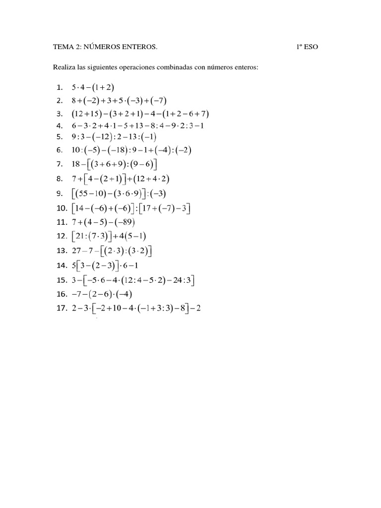 Ficha Operaciones Números Enteros | PDF