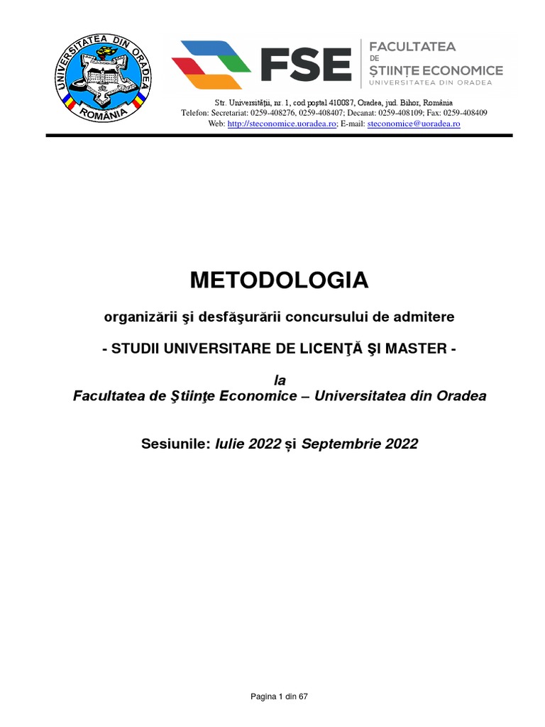 Metodologie Admitere FSE 2022 Cu Locuri Bugetate. | PDF