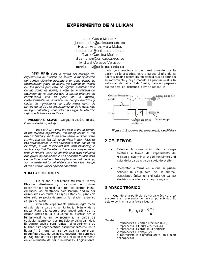 Carga del electrón en el experimento Millikan | PDF | Fuerza ...