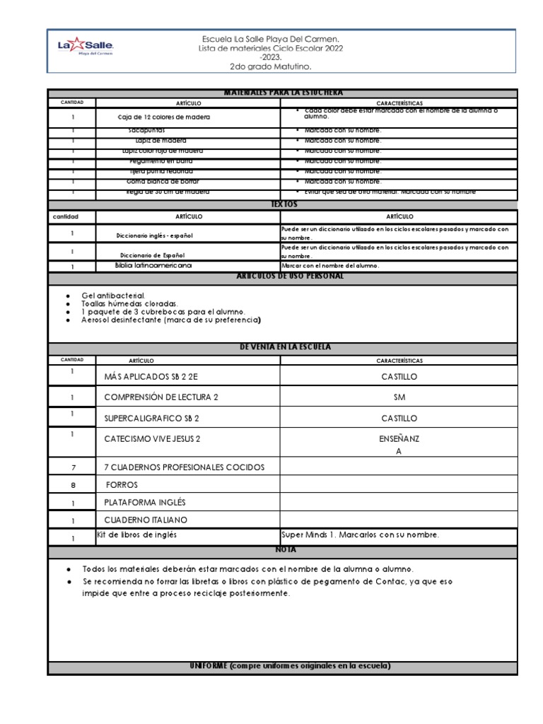 LISTAS ESCOLARES 2022-2023 - 2° Primaria Matutina | PDF