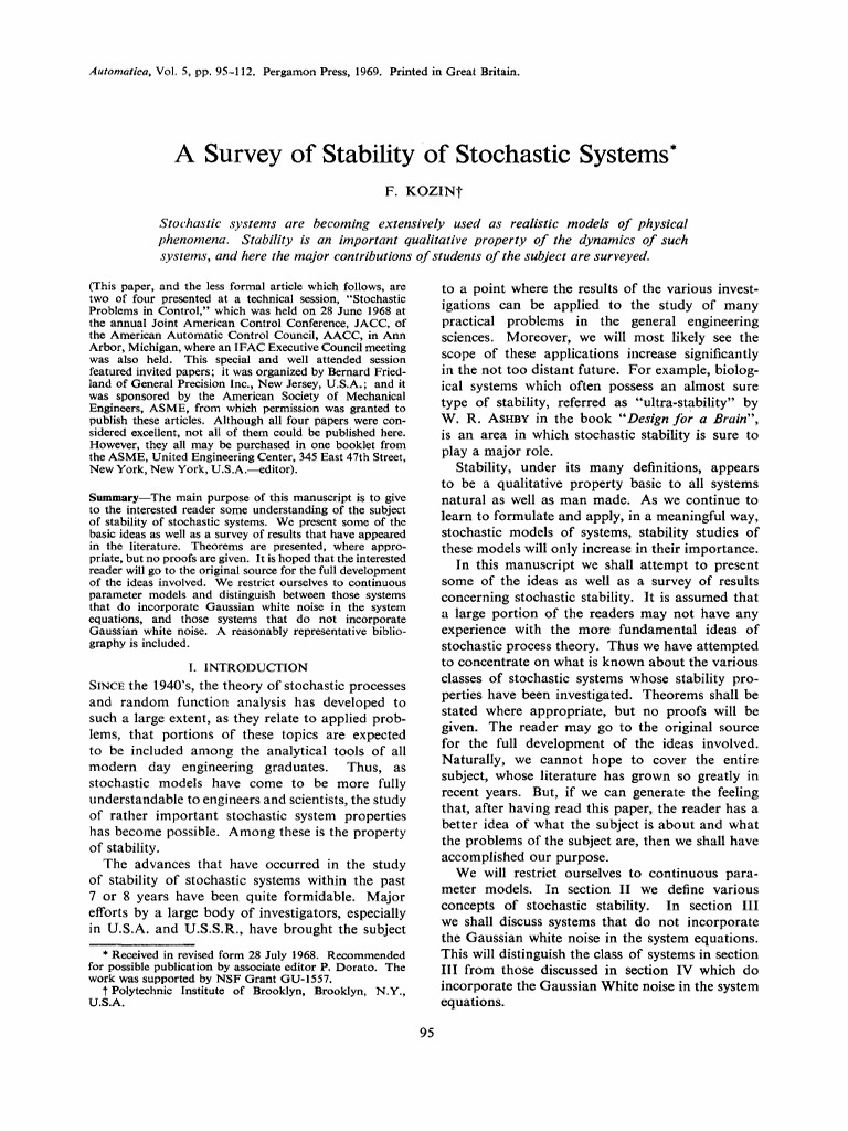 A Survey of Stability of Stochastic Systems | PDF | Stability Theory ...