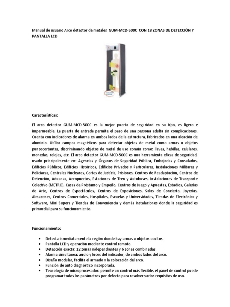 Manual de Usuario Arco Detector de Metales Gum MCD 500c | PDF