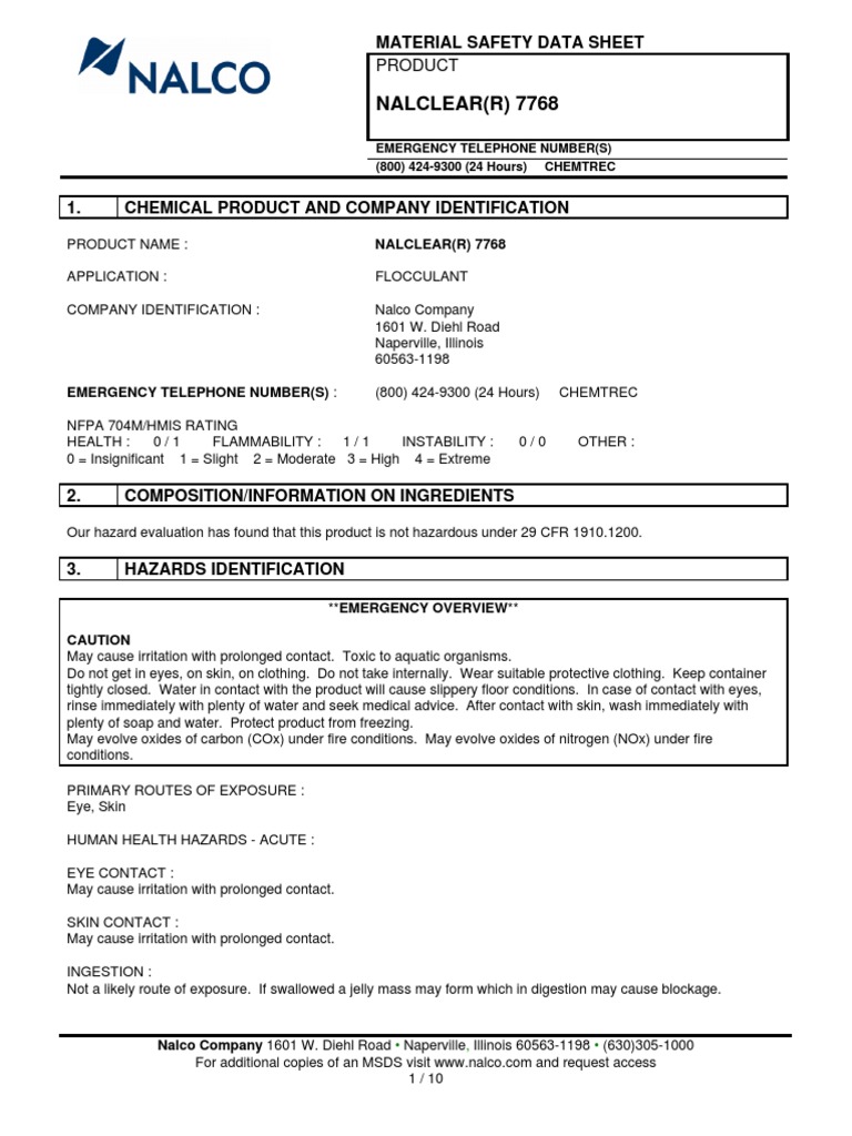 Nalco Flocculant Nalclear 7768 | PDF | Dangerous Goods | Superfund