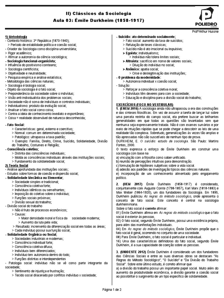 Aula 03 - Émile Durkheim - Folha | PDF | Sociologia | Émile Durkheim