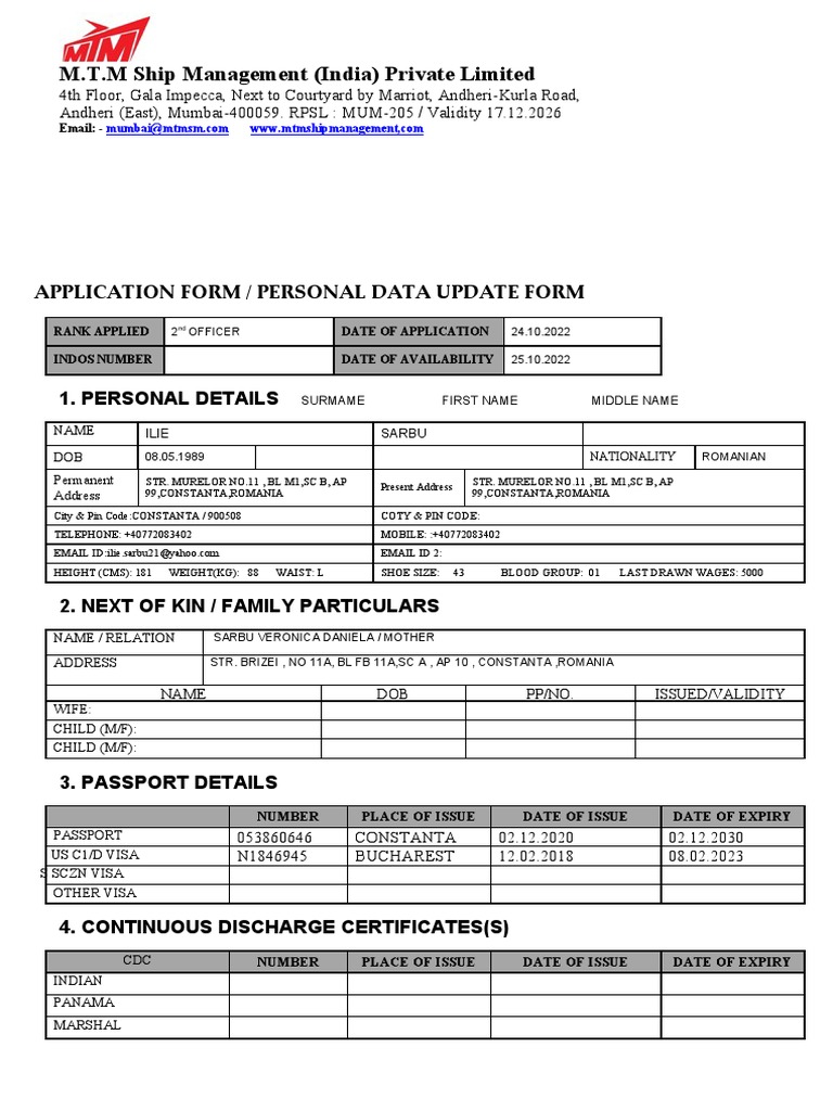 MTM Ship Management Application Form | PDF | Freight Transport | Shipping